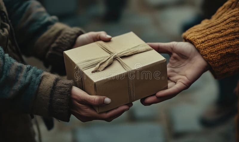 Gift Exchange between Two People with a Wrapped Box in a Cozy Outdoor ...