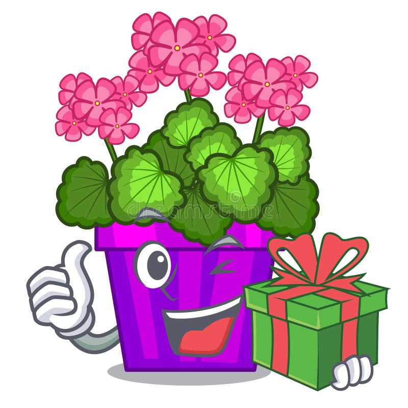 With Gift Geranium Flowers in the Cartoon Pot Stock Vector ...