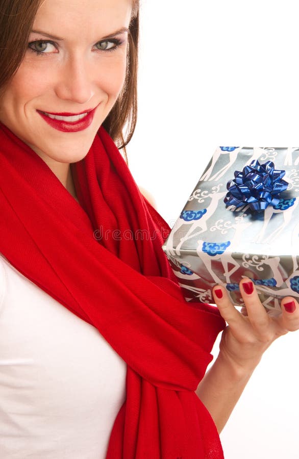 Gift Giving Attractive Woman Celebrates Christmas Stock Image - Image ...