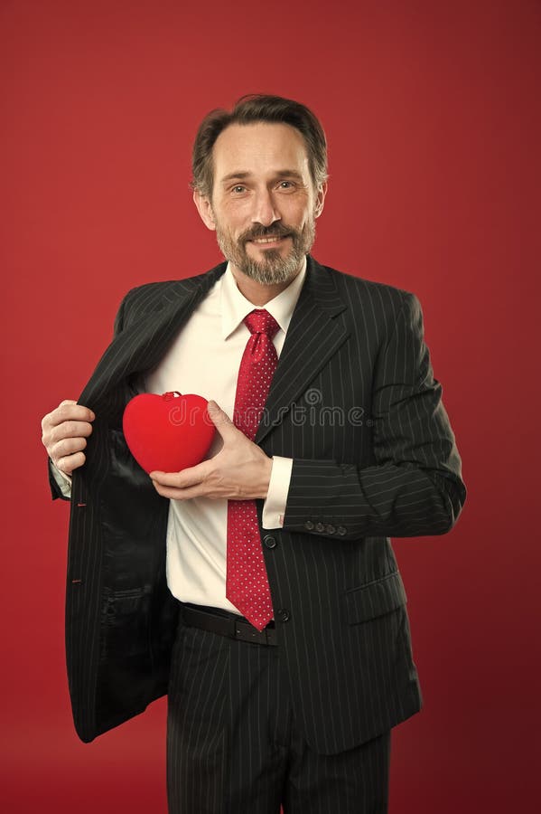 T From Heart Man Mature Handsome Guy Wear Elegant Suit Hold Red