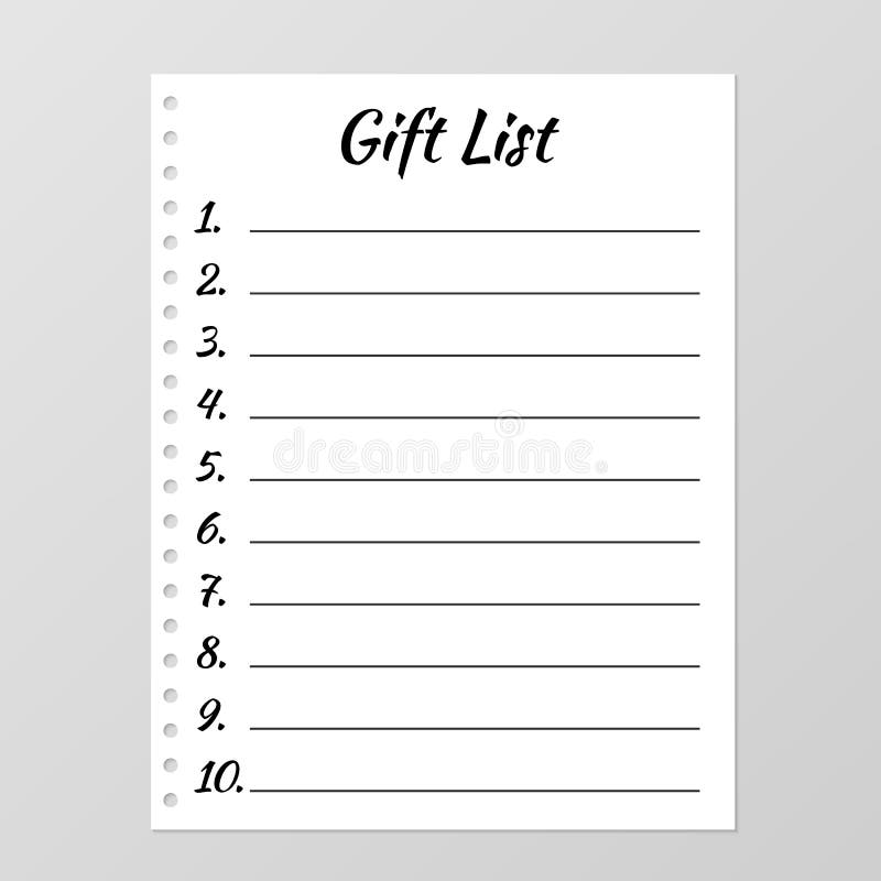Gift List Template. Planner Page. Lined and Numbered Paper Sheet. Blank ...