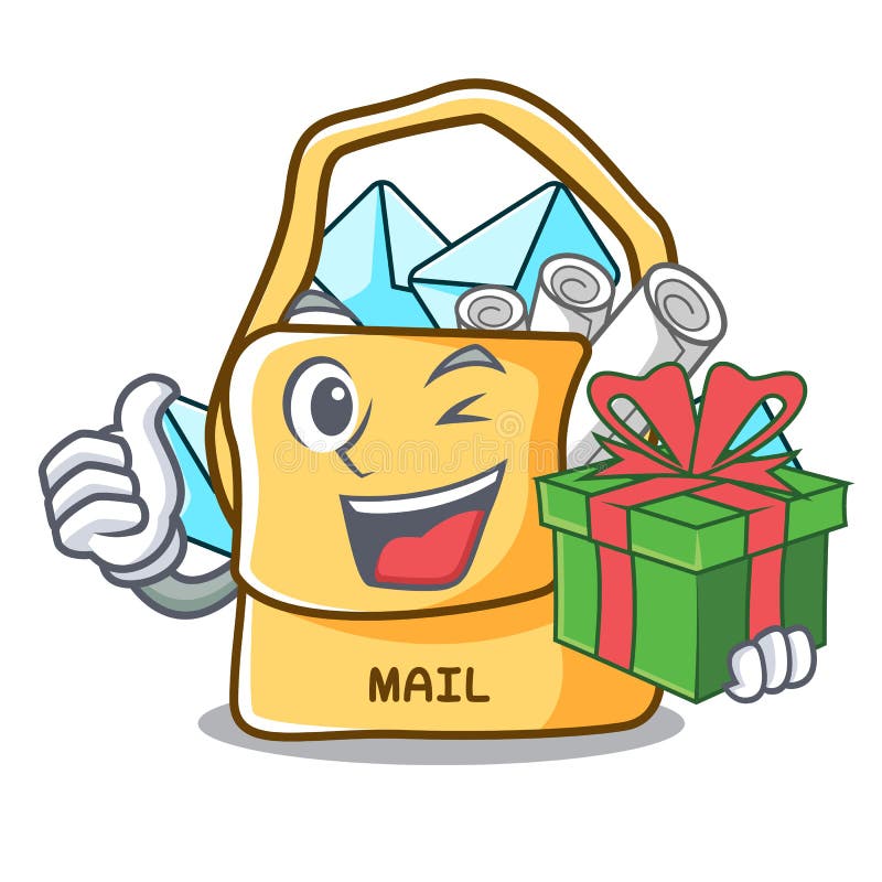 With Gift Mail Bag Character on Table Front Stock Vector - Illustration ...