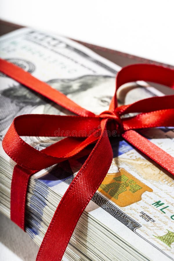 Gift of Money. Stack of Dollar Bills with Red Ribbon Isolated on White ...