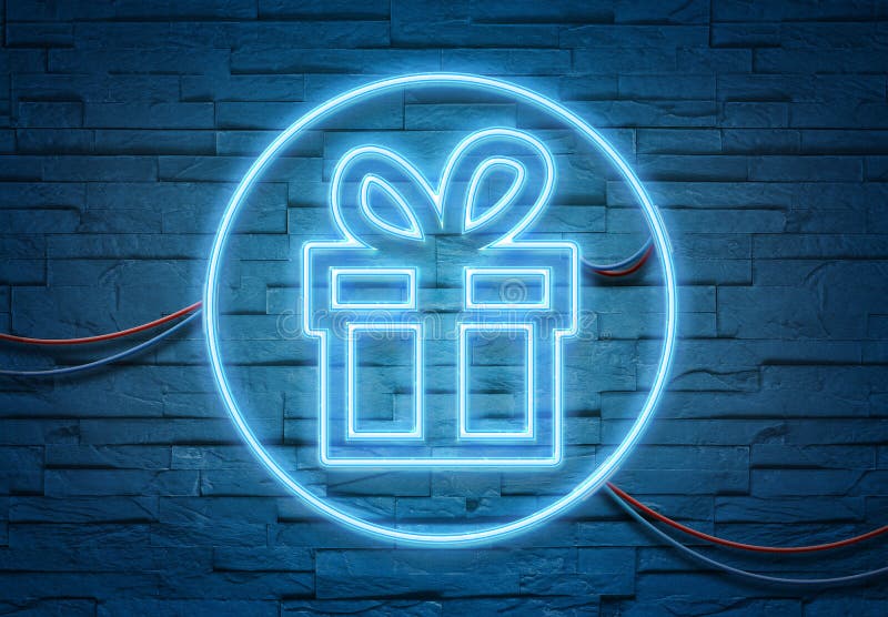 Gift Neon Icon Illuminating a Brick Wall with Blue Glowing Light 3D ...