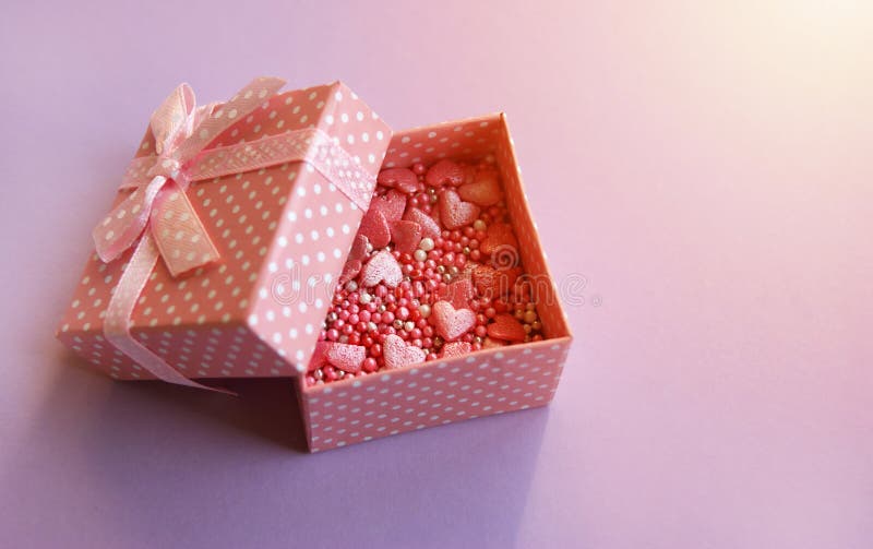 Gift Open Pink Box with Topping from Hearts Inside Stock Image - Image ...
