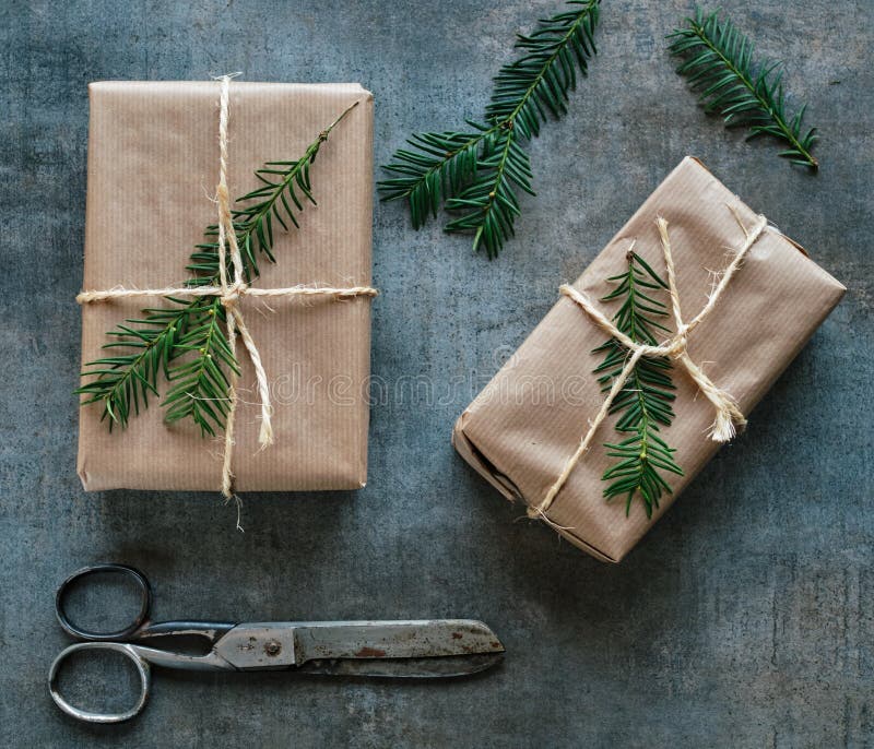 Gift Packages Wrapped with Kraft Paper Tied with a Rope Stock Image ...