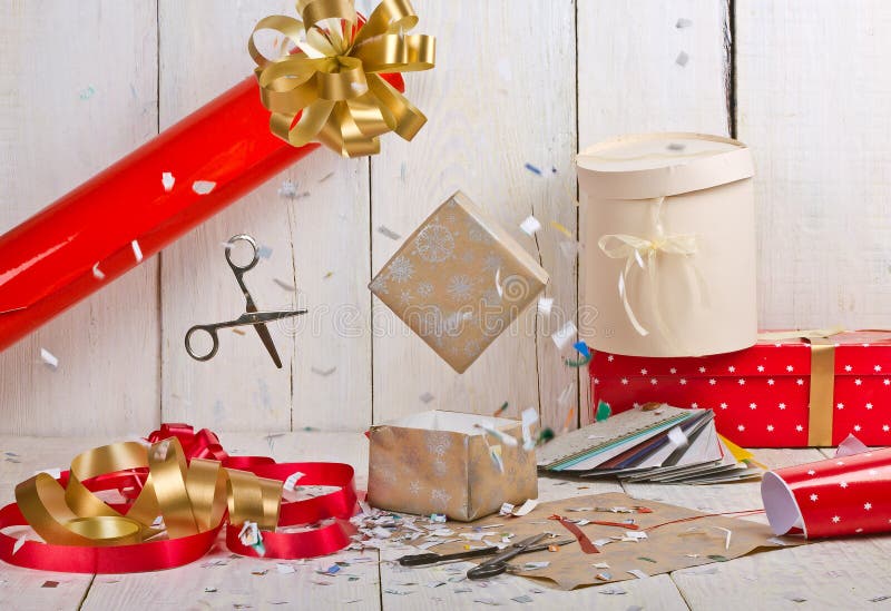 Gift Packaging Process in a Box with Christmas Stock Photo - Image of ...