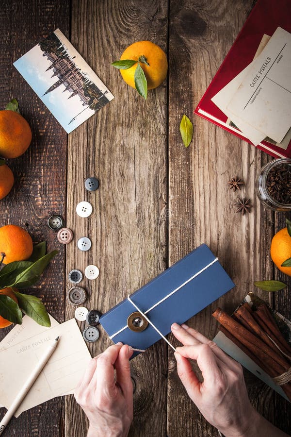 Gift Packaging on the Wooden Table Vertical Stock Photo - Image of ...