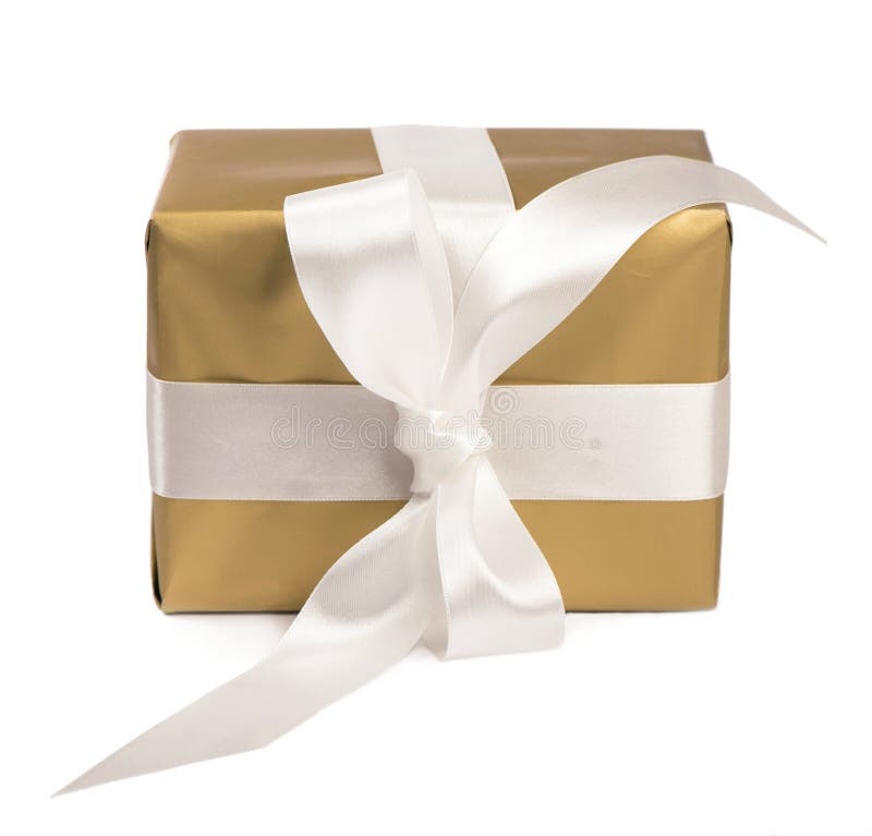 Gift Packed into Golden Box with White Ribbon Stock Photo - Image of ...