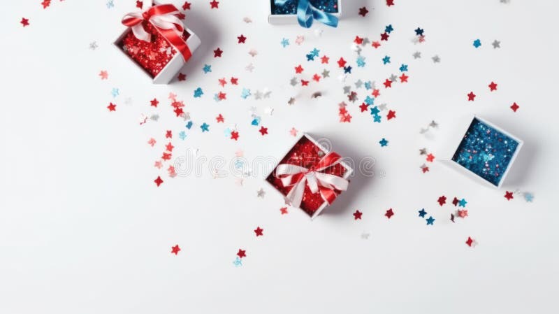 Gift Packs with U.S. Colors and Confetti on a White Background Stock ...