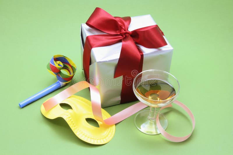 Gift Parcel with Party Favors and Wine Glass Stock Photo - Image of ...