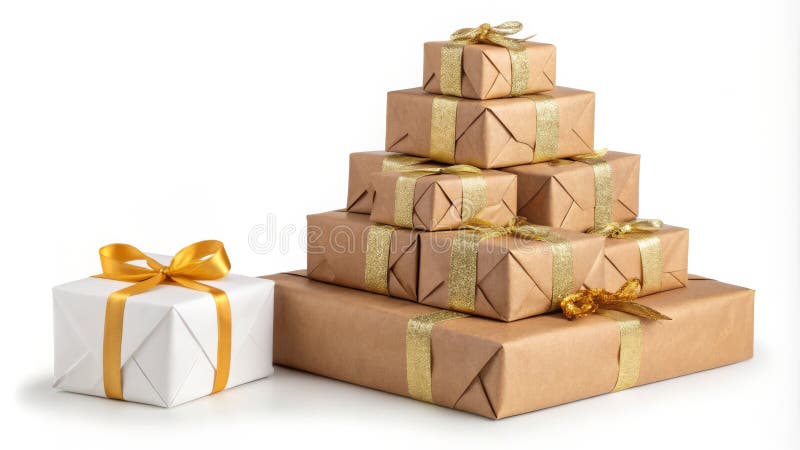 Gift Pyramid Brown and White Kraft, Gold Ribbons Stock Illustration ...