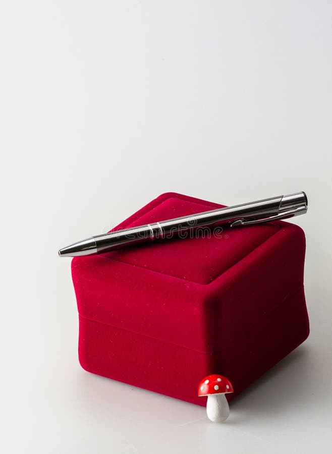 Gift Red Box with a Metal Ballpoint Pen, on a White Milky Background ...