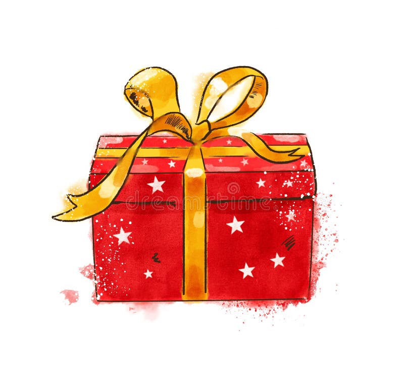 A Gift in a Red Box with White Stars. Watercolor Illustration Stock ...