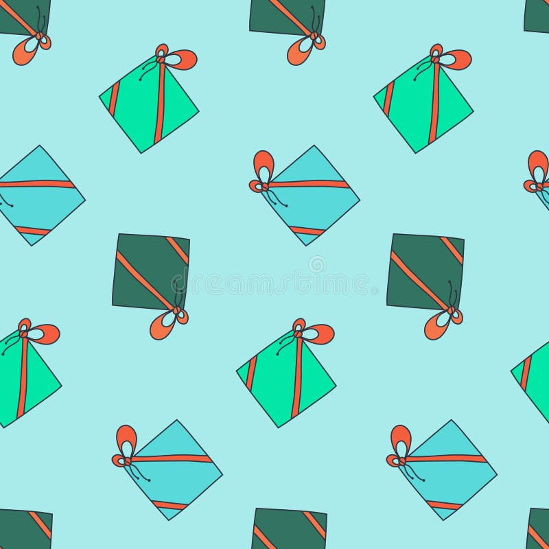 Gift with Ribbon, Blue Green, Hand Drawing Seamless Pattern Stock ...