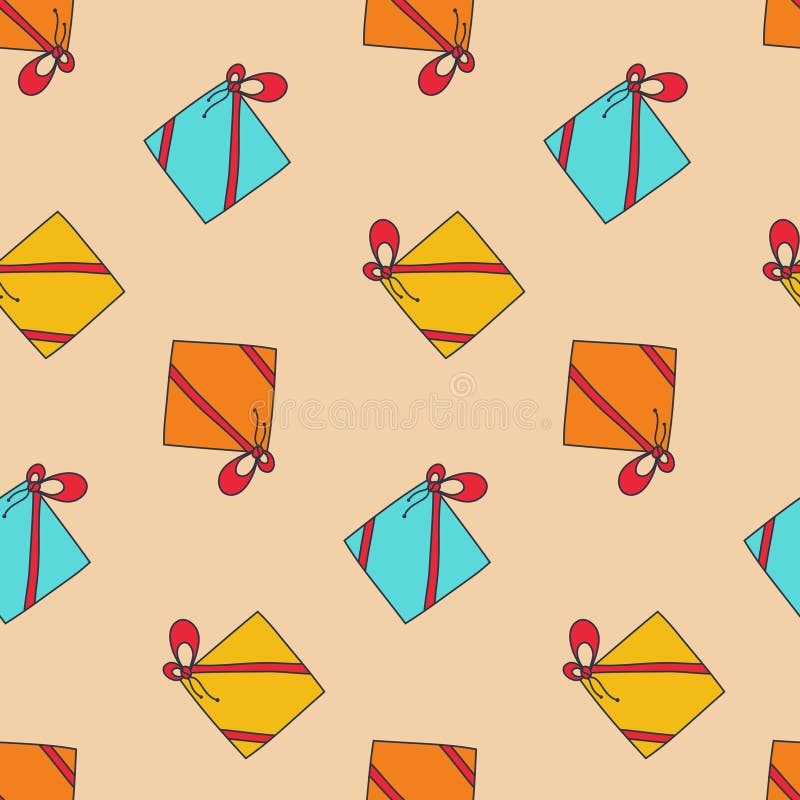 Gift with Ribbon, Yellow Orange Blue, Hand Drawing Seamless Pattern ...