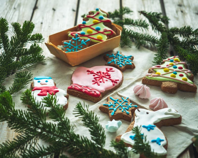 Gift Set of Glazed Gingerbread, Table Decorated with Spruce Branches ...