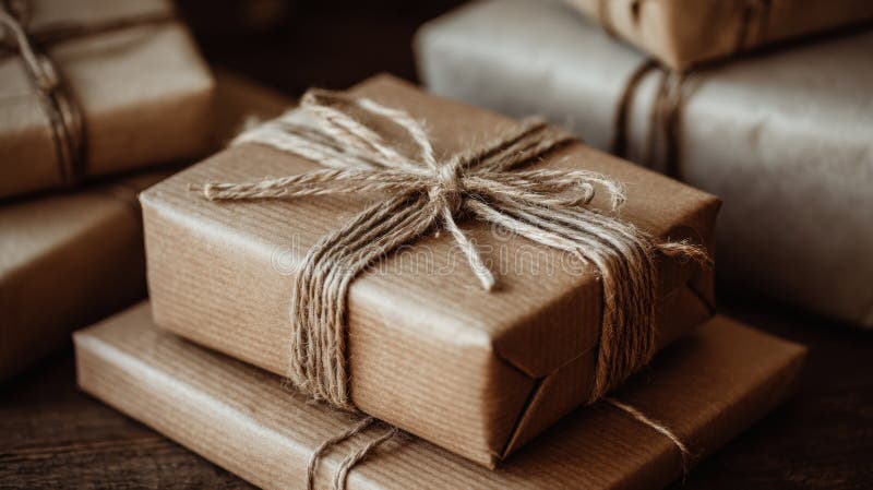 Gift Stack Wrapped in Kraft Paper with a Rustic Touch and Empty Center ...