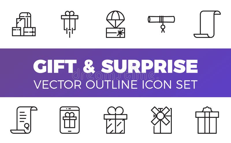 Gift and Surprise Icons Set, Outline Style Stock Vector - Illustration ...