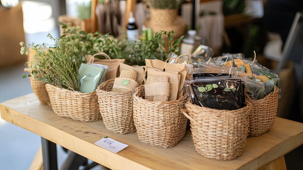 Gift Table with Reusable Baskets Filled with Eco Goodies . Stock Image ...