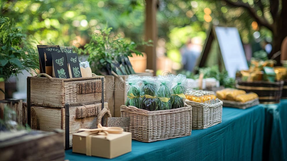 Gift Table with Reusable Baskets Filled with Eco Goodies . Stock Image ...