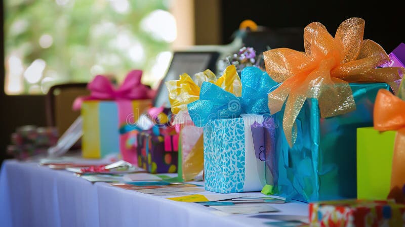 A Gift Table at a Wedding Reception Filled with Wrapped Presents and ...