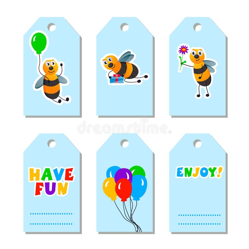 Gift Tag Set with Cute Cartoon Bees, Balloons. Stock Vector ...