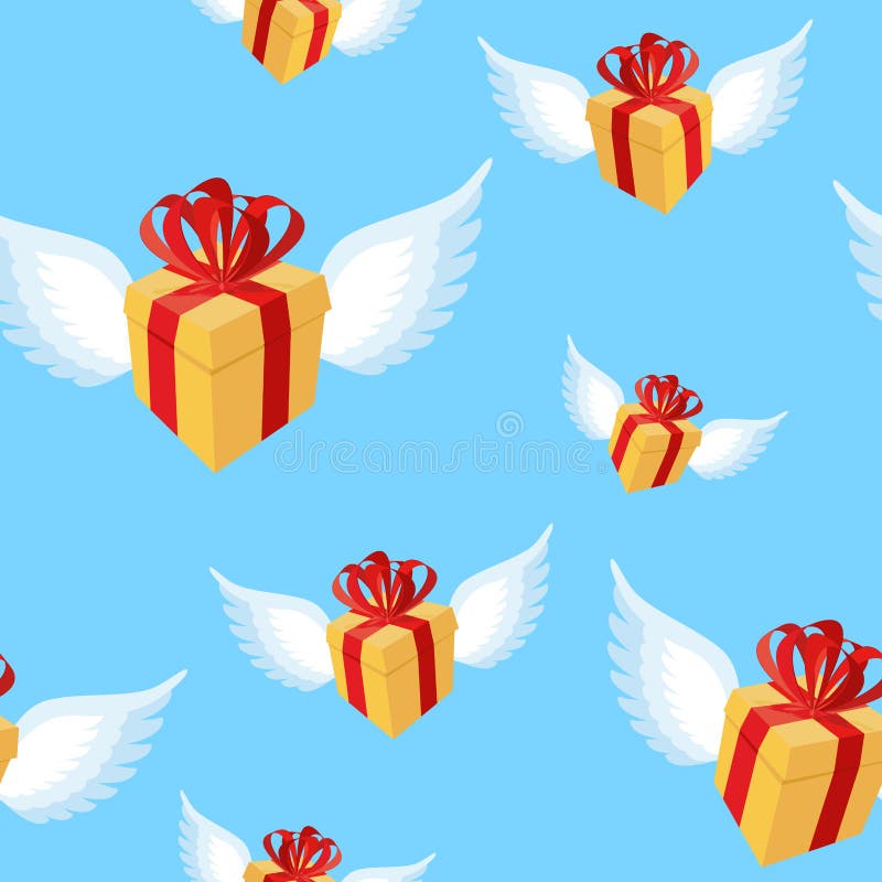 Gift with Wings. Flying Gift Box with Red Bow and Ribbon. Stock Vector ...