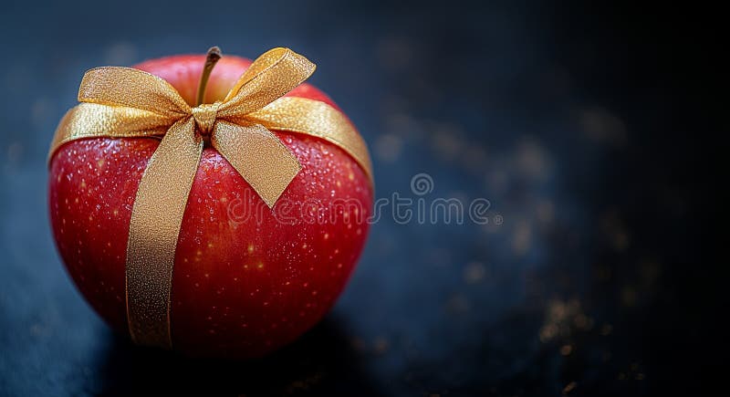 Gift-wrapped Apple with Golden Ribbon on a Dark Background Stock ...