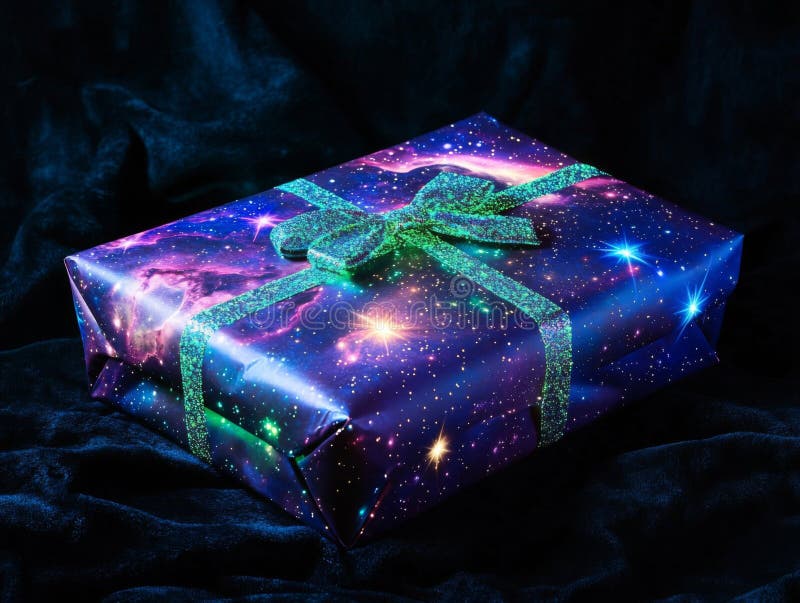 A Gift Wrapped in Galaxy-Themed Paper with a Green Bow Stock ...
