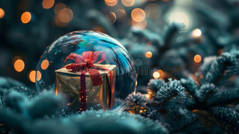 A Gift Wrapped in a Glass Ball with Red Ribbon on it, AI Stock Image ...