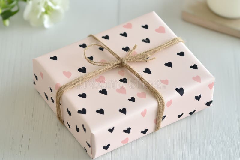 Gift Wrapped in Heart Pattern Sits on Rustic Wooden Surface Stock Image ...