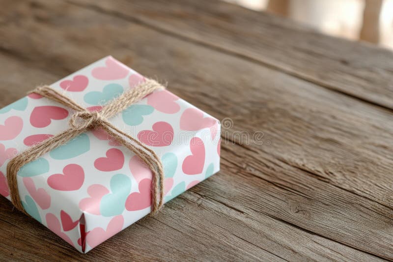Gift Wrapped in Heart Pattern Sits on Rustic Wooden Surface Stock Image ...