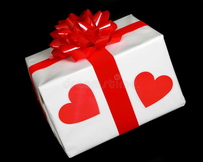 Gift Wrapped Present with Two Red Hearts Stock Photo - Image of romance ...