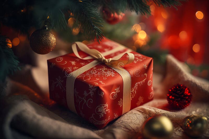 Gift Wrapped in Red Paper Under Christmas Tree. Generative AI Stock ...
