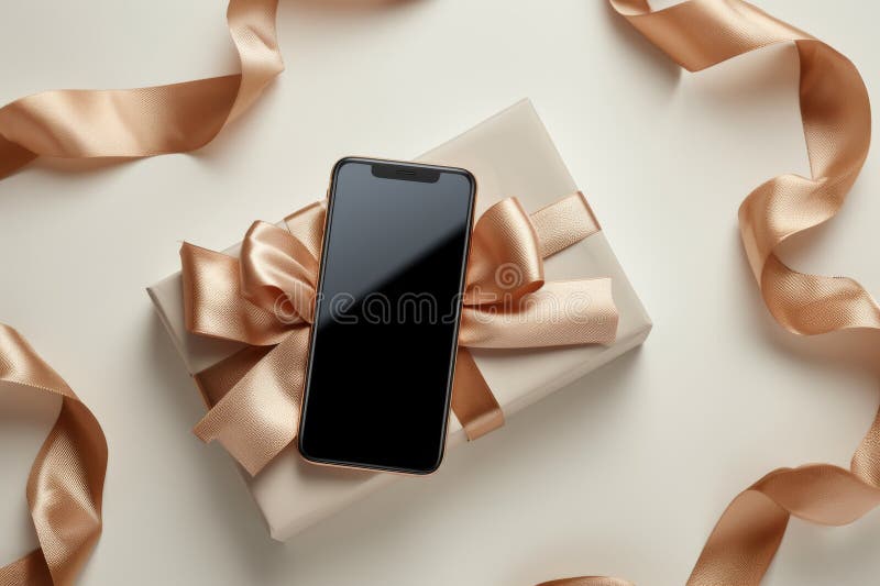 Gift-wrapped Smartphone with Silky Beige Ribbons on White Stock ...
