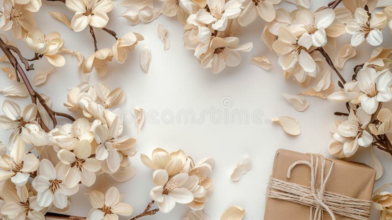 A Gift Wrapped in White Paper and Flowers Stock Image - Image of petal ...