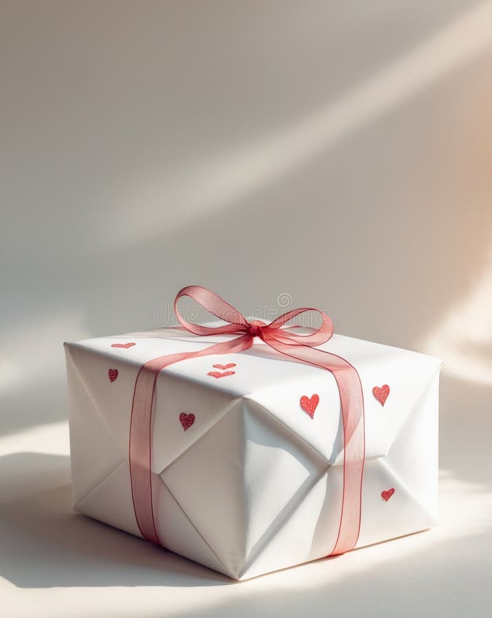 A Gift Wrapped in White Paper with Red Ribbon and Hearts Stock ...