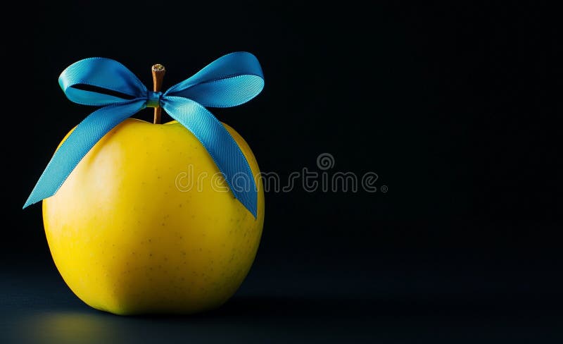 Gift-wrapped Yellow Apple with Blue Ribbon on a Dark Background Stock ...