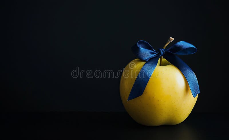 Gift-wrapped Yellow Apple with Blue Ribbon on a Dark Background Stock ...