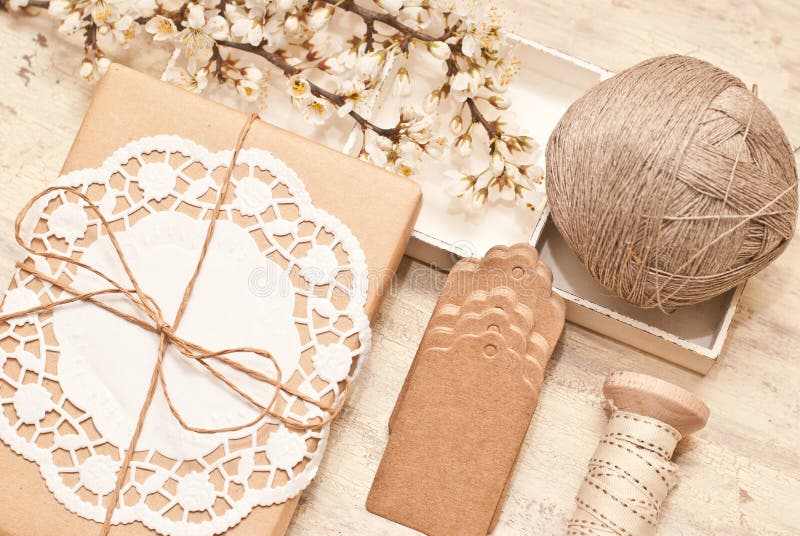 Gift wrapping stock photo. Image of thread, ribbon, rustic - 52016220