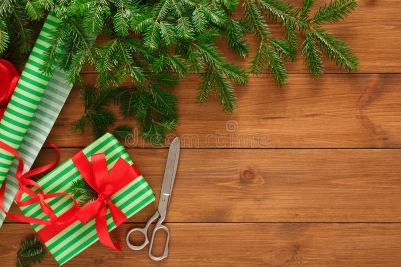 Gift Wrapping. Packaging Modern Christmas Present in Boxes Stock Photo ...