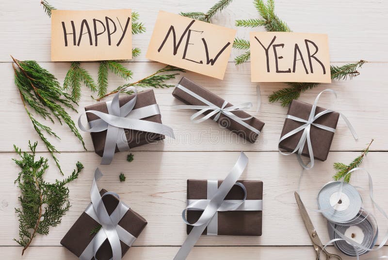 Gift Wrapping. Packaging Modern New Year Present In Boxes Stock Image ...