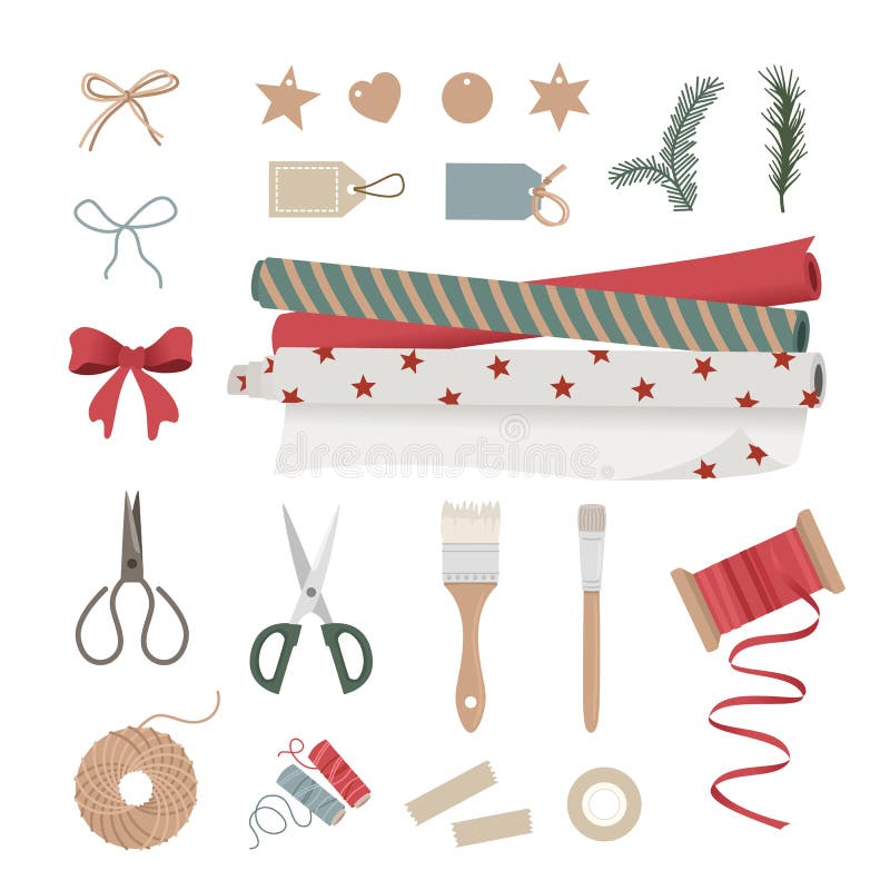 Gift Wrapping Set of Elements. Wrapping Paper, Scissors and Ribbons in ...