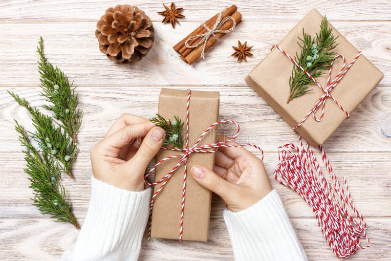 Gift Wrapping. Woman Packs Gifts Step by Step Stock Photo - Image of ...