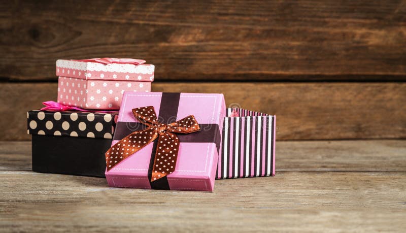 Gifts in Beautiful Boxes on a Wooden Stock Photo - Image of copyspace ...