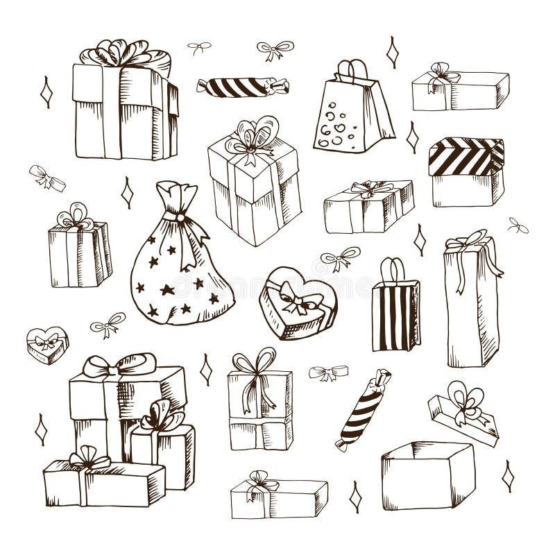 Gifts Doodle Set. Collection of Hand Drawn Gift Boxes and Pockets ...