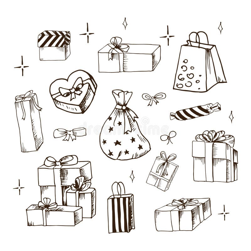 Gifts Doodle Set. Collection of Hand Drawn Gift Boxes and Pockets ...