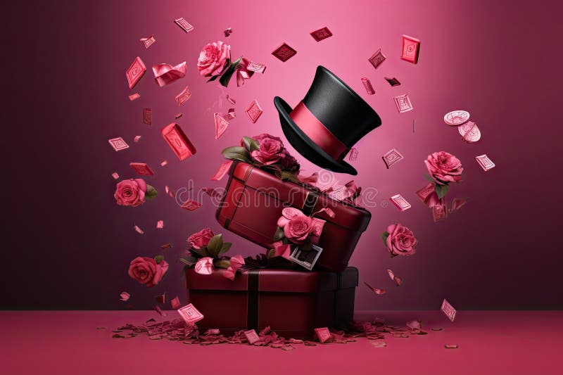 Gifts Falling Out of a Top Hat on a Pink Color, Gifts Concept Stock ...