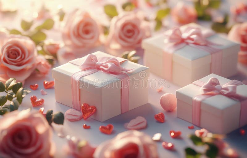 Gifts with Pink Ribbons, Roses, and Heart Decorations Create a Romantic ...